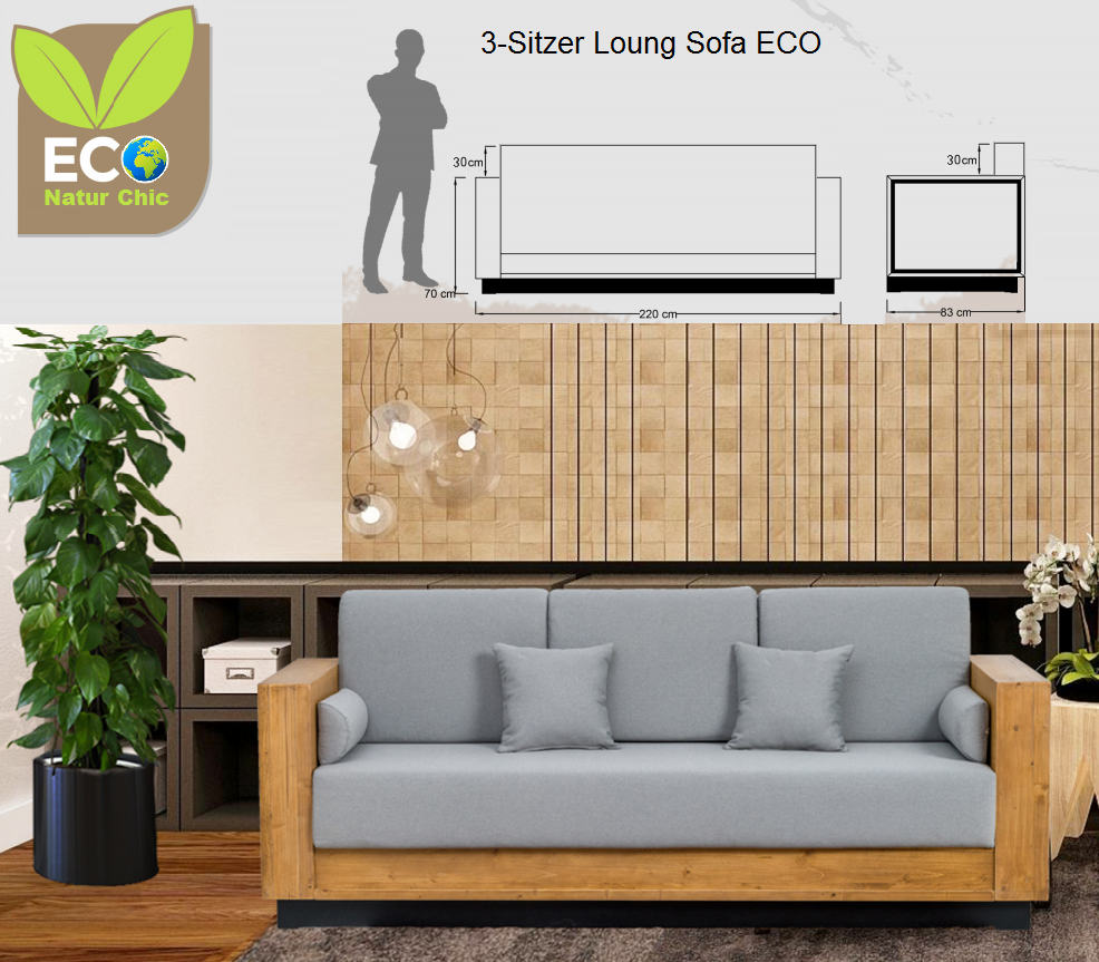 aktiv-moebel.de - Lounge Sofa grau mit Massivholz Verkleidung Rahmen rustikal 3 Sitzer modern ...